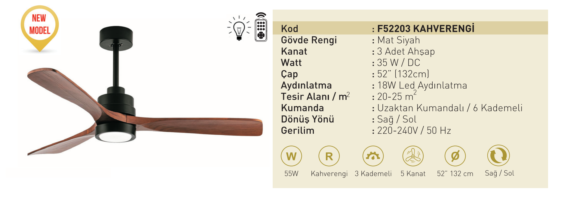 Kaşkar Taflan F52203 55W Işıklı Kahverengi Ahşap 3 Kanatlı Uzaktan Kumandalı Tavan Tipi Vantilatörü
