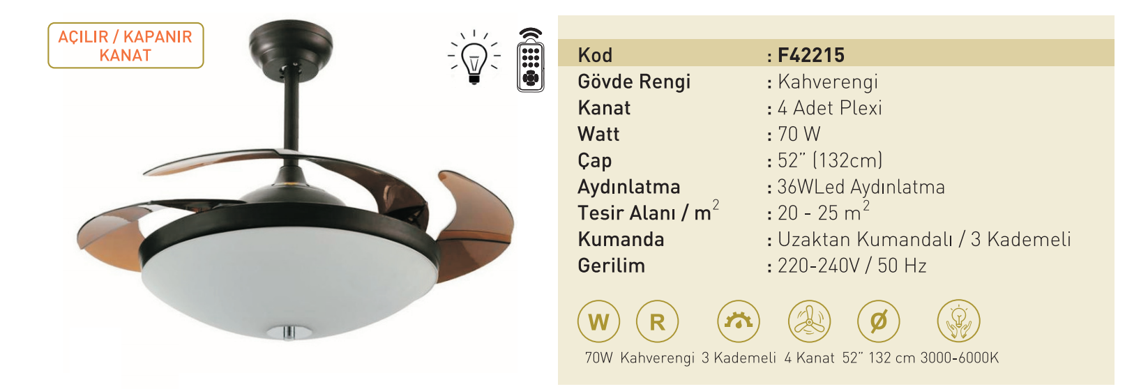 Kaşkar Taflan F42215 70W Işıklı Kahverengi Gövde Pleksi 4 Kanatlı Uzaktan Kumandalı Tavan Tipi ...