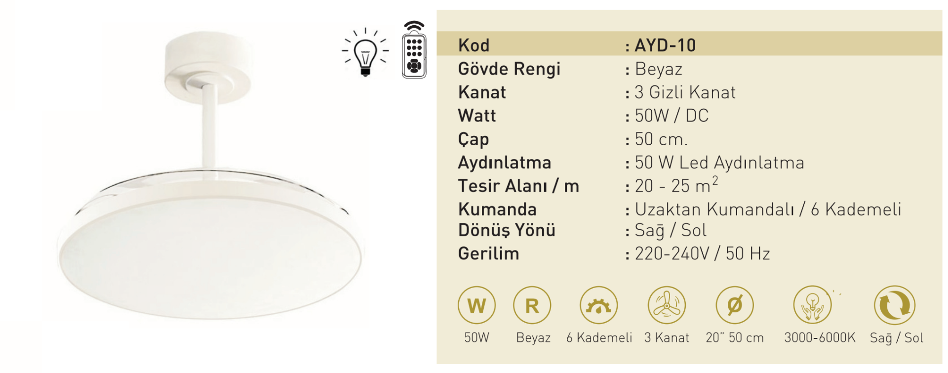 Taflan AYD-10 50W Işıklı Beyaz Gövdeli Uzaktan Kumandalı 3 Kanatlı Lambalı Tavan Vantilatörü