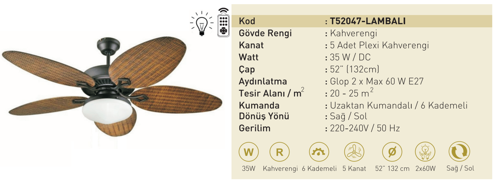 Kaşkar Taflan T52047 35W Lambalı Kahverengi Gövde Plexi 5 Kanatlı Uzaktan Kumandalı Tavan Tipi ...
